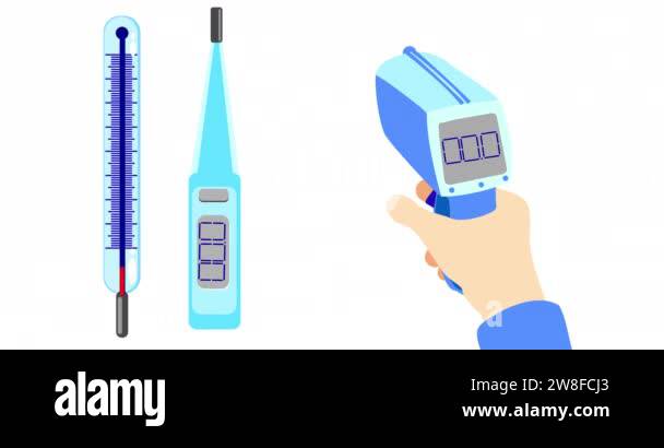 A set of animated tools for measuring temperature. Laser, electronic ...