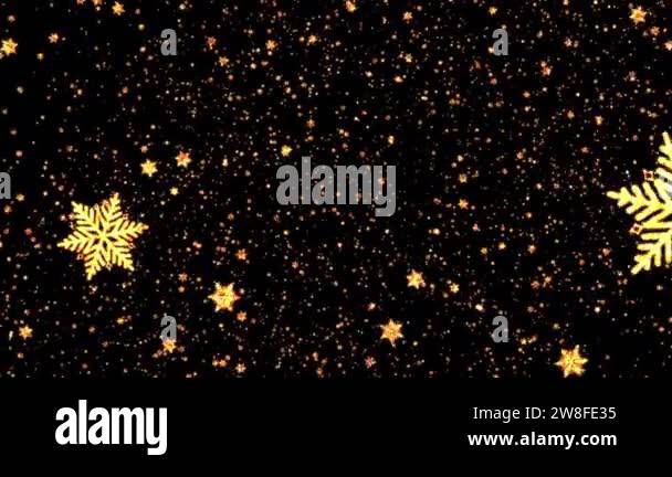 4K looping falling glow gold digital snowflake on black background ...