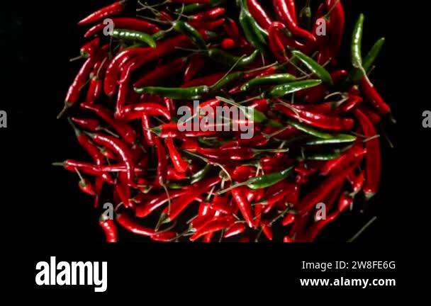 Super slow motion of flying colored hot chilli peppers isolated on ...