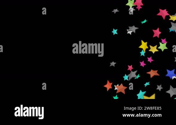 Many colorful stars floating in air on black background. Star icons ...
