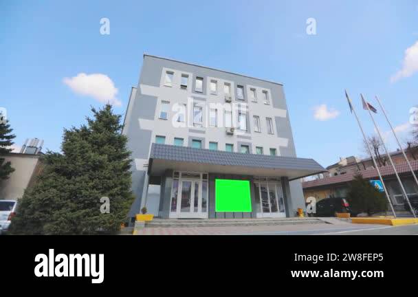 Office building with green screen. advertising banner green screen. An ...