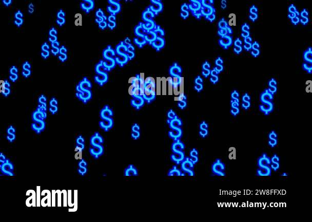 Falling neon 3D Dollar signs symbol 4k animation dark black screen ...