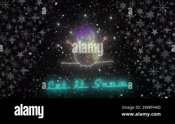 Animation of let it snow text at christmas over snowman and snow ...