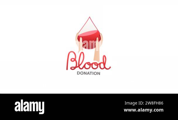Animation of blood donation text with hands and droplet logo, over ...