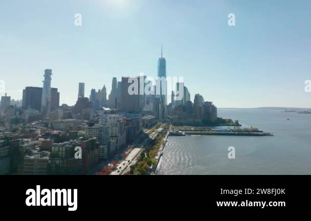 Elevated view of downtown skyscrapers in Financial district against ...