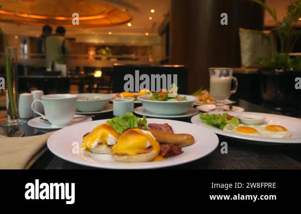 Fine dining restaurant in modern luxury resort. Buffet table setup on ...