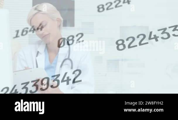 Animation of numbers processing and statistics over female doctor with ...