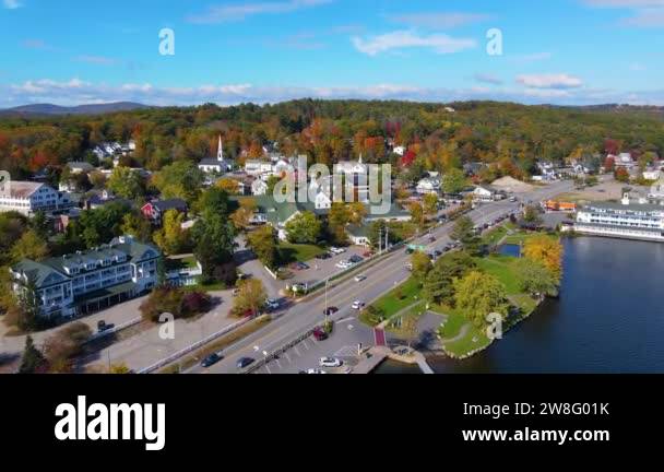 Meredith town center with fall foliage aerial view in fall with ...