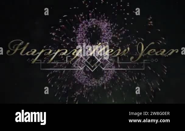 Animation of happy new year greetings over countdown and fireworks ...