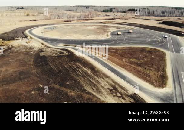 Aerial view of completion of road construction of testing ground for ...