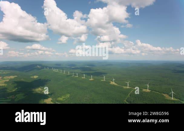 Massachusetts circa-2019. Aerial view of farm lands and wind turbines ...