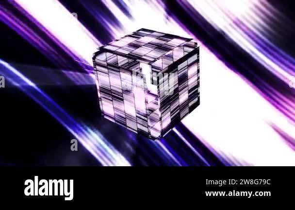 Virtual 3D cube in game space. Motion. Bright glowing cube is decomposed into pieces and ...