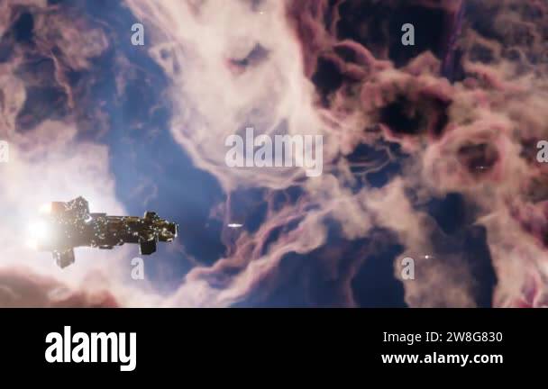 Deep Space Exploration concept. Side view Spaceship flying through ...