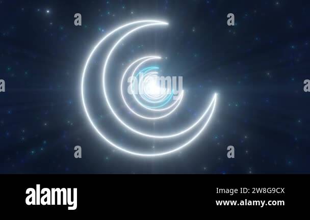 Crescent Moon Neon Lights Tunnel in Night Sky Abstract Glow Particles ...