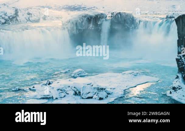Godafoss, famous waterfall in Iceland, Frozen waterfall in winter, a ...