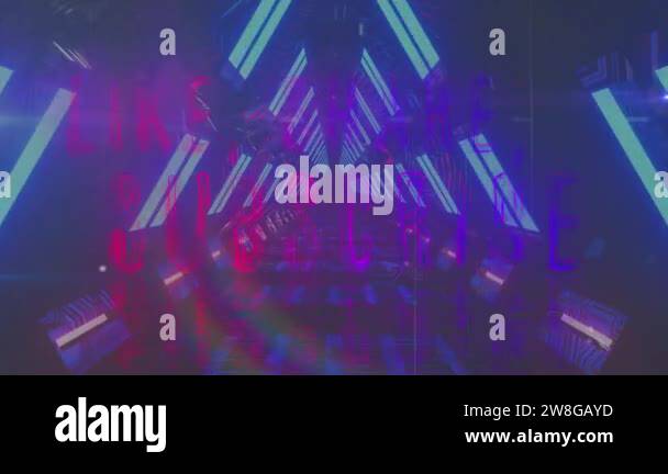 Animation of like, share, subscribe text over neon lines on black ...