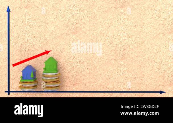 3d video. Houses on the growing stacks of coins and chart with arrows ...