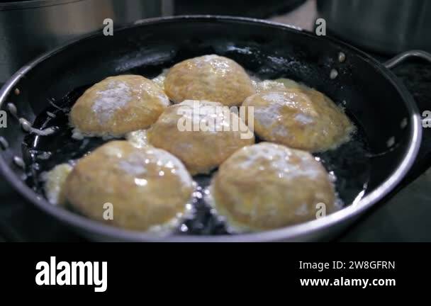 burger patty. close-up. cooking. buffet restaurant kitchen. patties for ...
