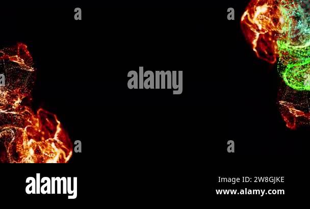 Animation of glowing red and green particle clouds moving on black ...