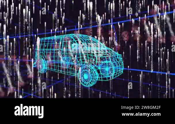 Animation of glowing light trails over 3d drawing model of van and grid ...