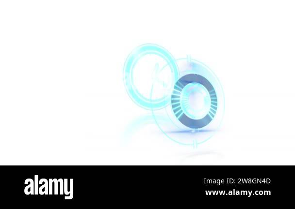 Animation of clock moving fast and scope scanning on white background. global business, data ...