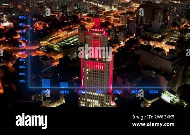 Aerial cityscape of smart city with futuristic bar chart effect. Data analysis big data and ...