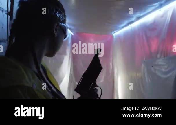 Cyberpunk future. Female bionic cyborg girl with revolver pistol gun ...