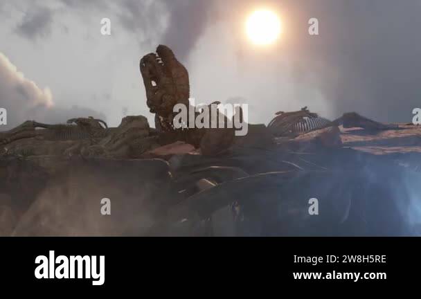 dead dinosaur bodies, dinosaur skeletons after extinction 3d render ...