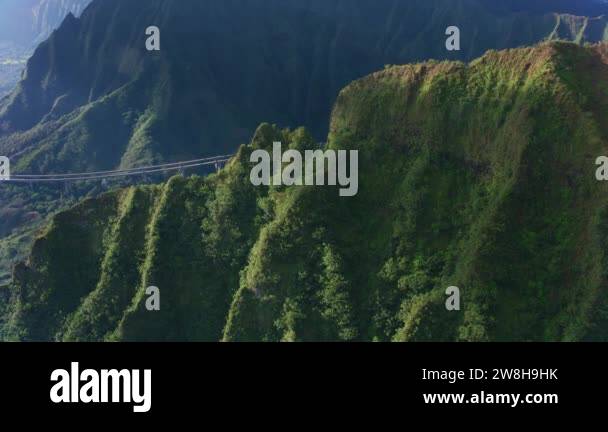 Oahu, Hawaii circa-2018. Aerial view of Waiahole Forest Reserve and H3 ...