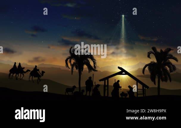 Christmas Scene with twinkling stars and brighter star of Bethlehem ...