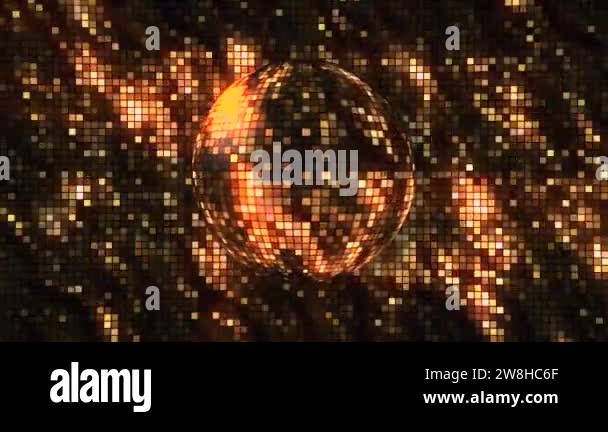 Abstract animated pixel background with a spinning golden glow disco ball. Motion. A sphere ...