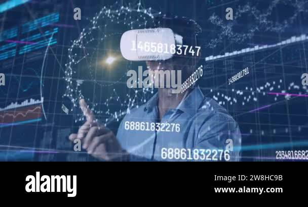 Animation of increasing numbers over caucasian man wearing vr headset ...