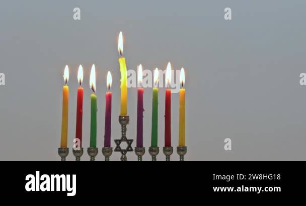 Hebrew Menorah of Hanukkah with burning candles is traditional symbol ...