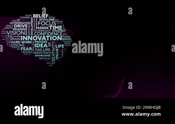 Animation of innovation and ideas text with purple connections on black ...