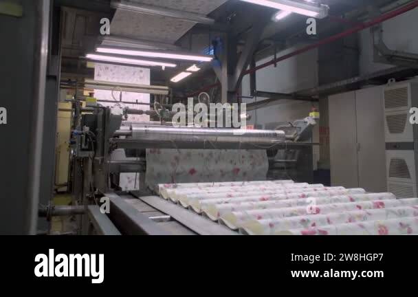 Roll of wallpaper. Conveyor line at wallpaper factory. A roll of ...
