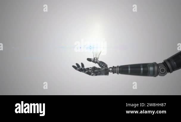 Animation of illuminated light bulb over hand of robot arm, with moving ...