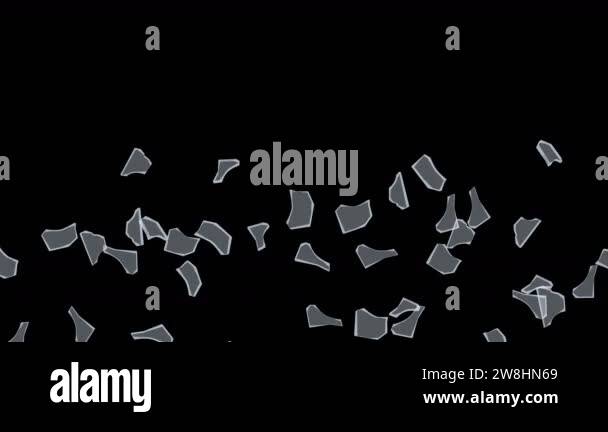 Many broken glass floating in air on black background. Business damage ...