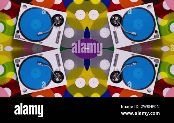 DJ turntables with different coloured records Stock Video Footage - Alamy