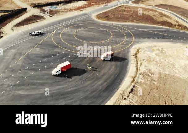 Aerial view of completion of road construction of testing ground for ...
