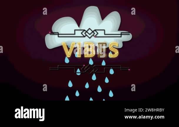 Animation of vibes text over cloud with rain on purple background ...
