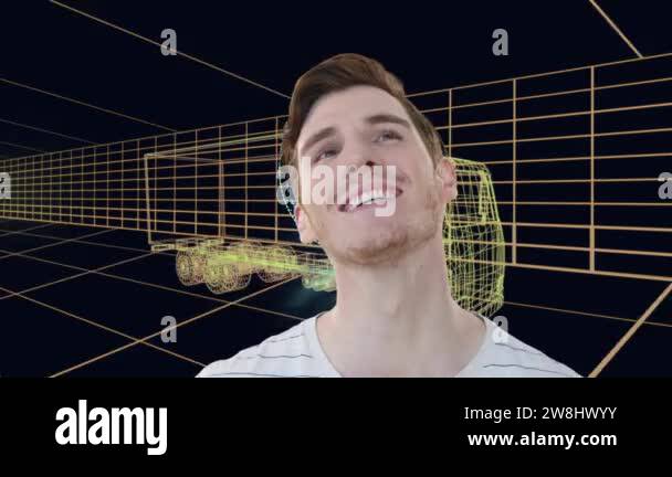 Animation of businessman over clock and 3d drawing model of lorry and grid. global engineering ...