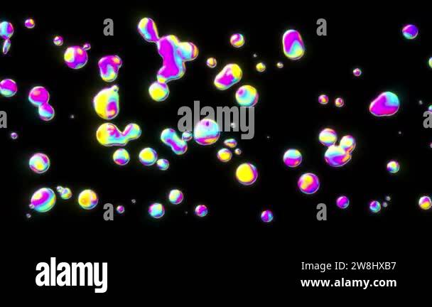 Iridescent goo blobs slowly flowing horizontally on black backdrop ...