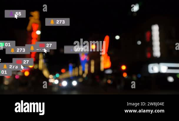 Animation of social media icons and numbers over road traffic and ...