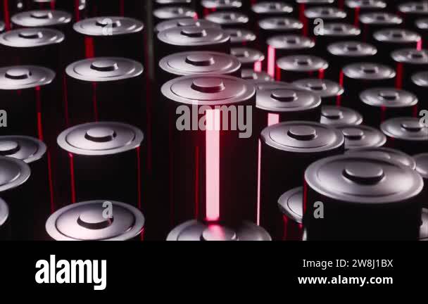Carbon batteries on factory. Power battery glowing red neon color. 3d ...