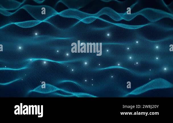 Abstract digital landscape with a field of electronic particles. The ...