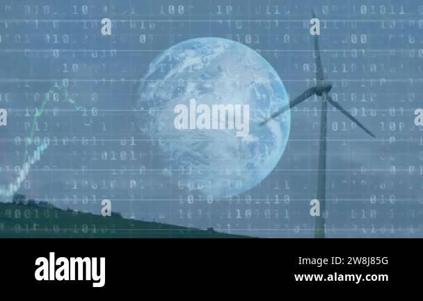 Animation of financial data processing binary coding and globe over wind turbine. global climate ...