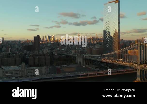 Sliding revel of waterfront with busy road. Bridge, high rise building ...