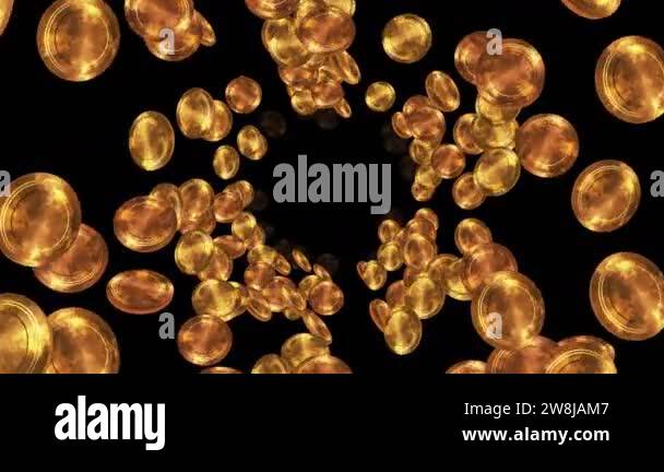Golden antique coins floating in air on black background. Gold coin in ...