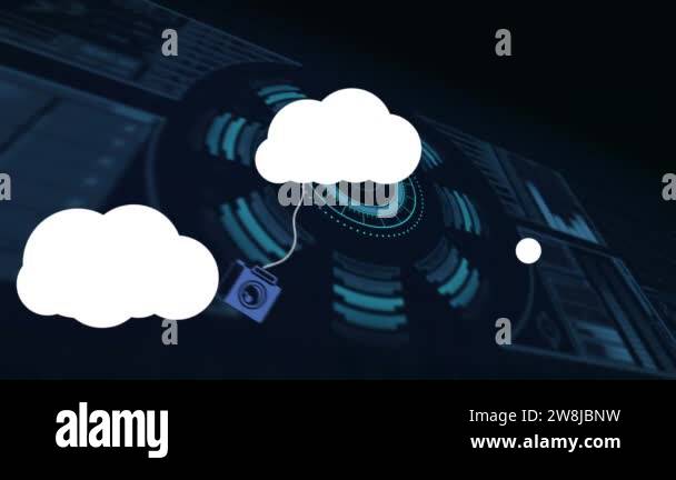 Animation of clouds with icons over scope scanning and dna strand ...