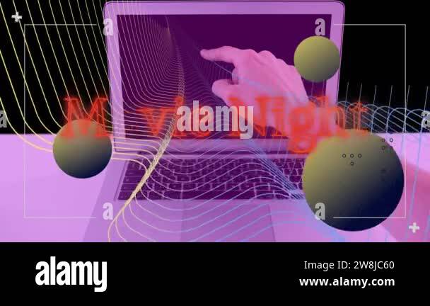 Animation of movie night text in red neon, spheres and lines over hand ...